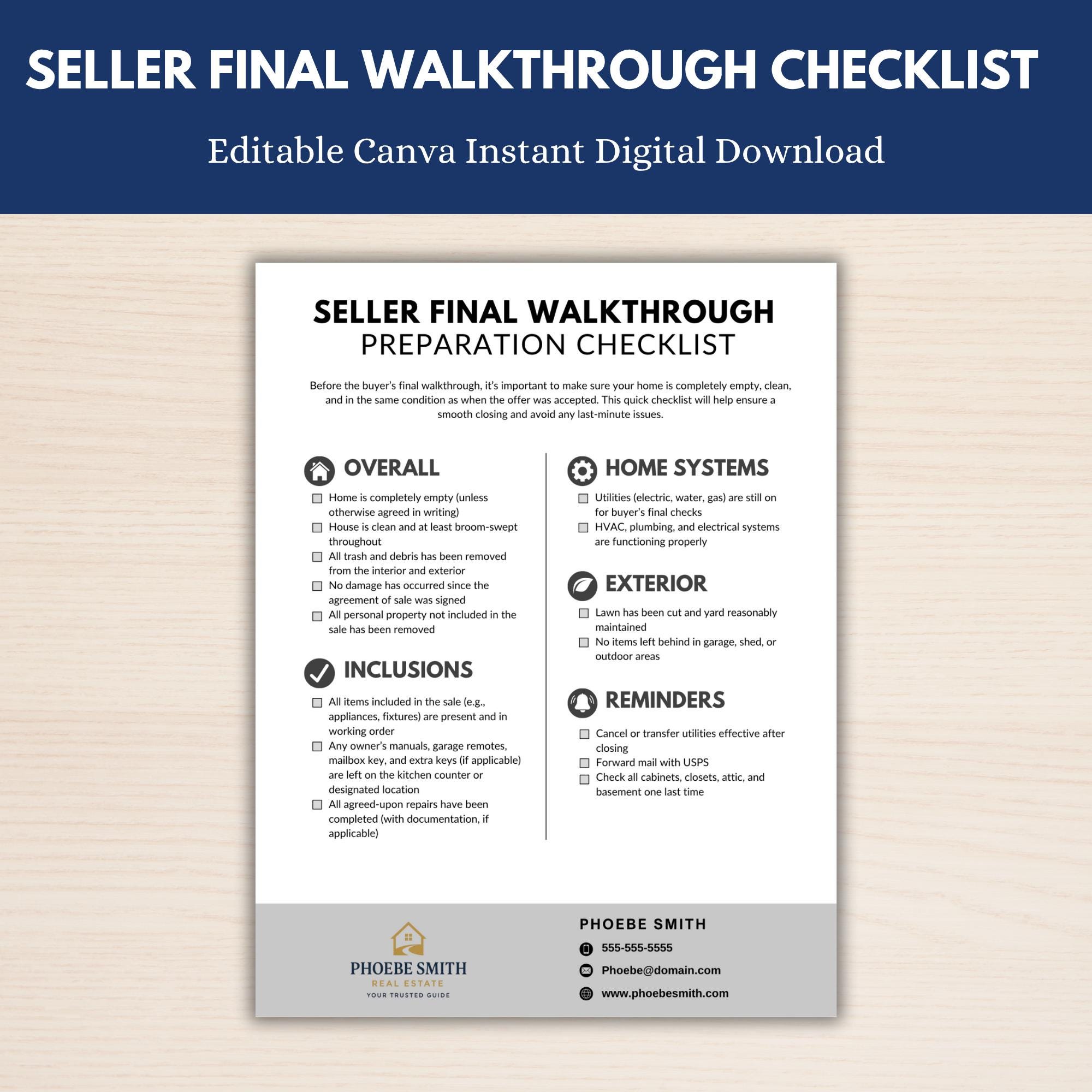 Seller Final Walkthrough Checklist | Seller Prep List | Home Closing Form | Real Estate Canva ...