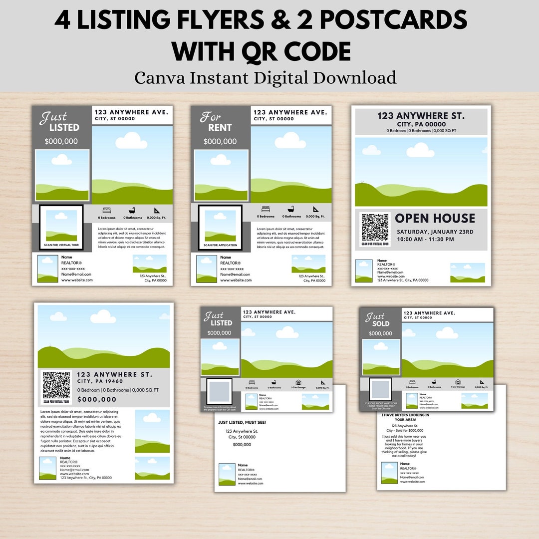 4 Listing Flyers & 2 Postcards With QR Code | Just Listed Flyer | Open ...