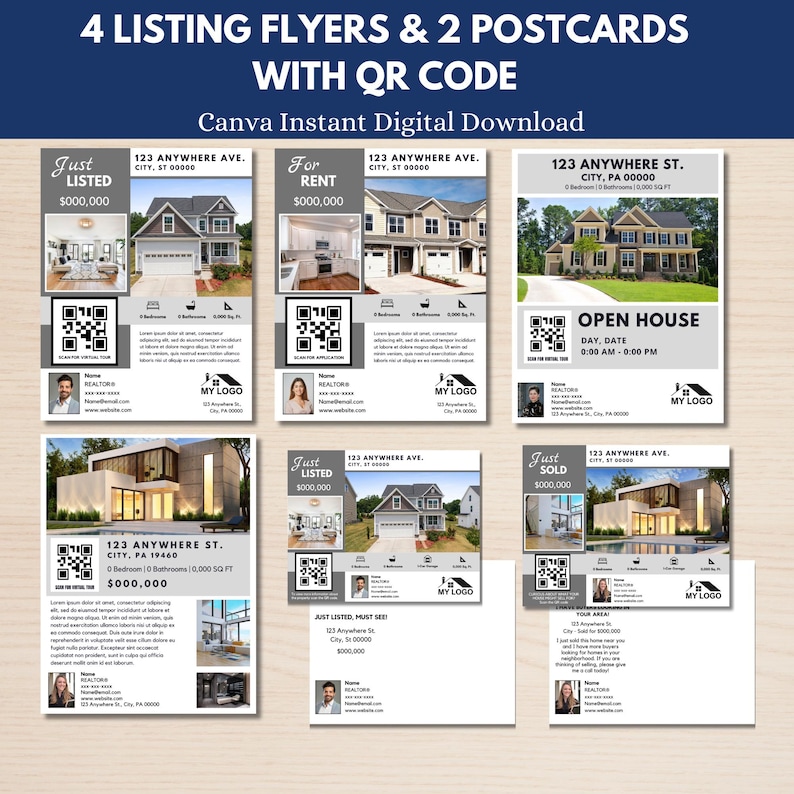 Real Estate Flyers & Postcards: Canva Templates With QR Code (digital ...