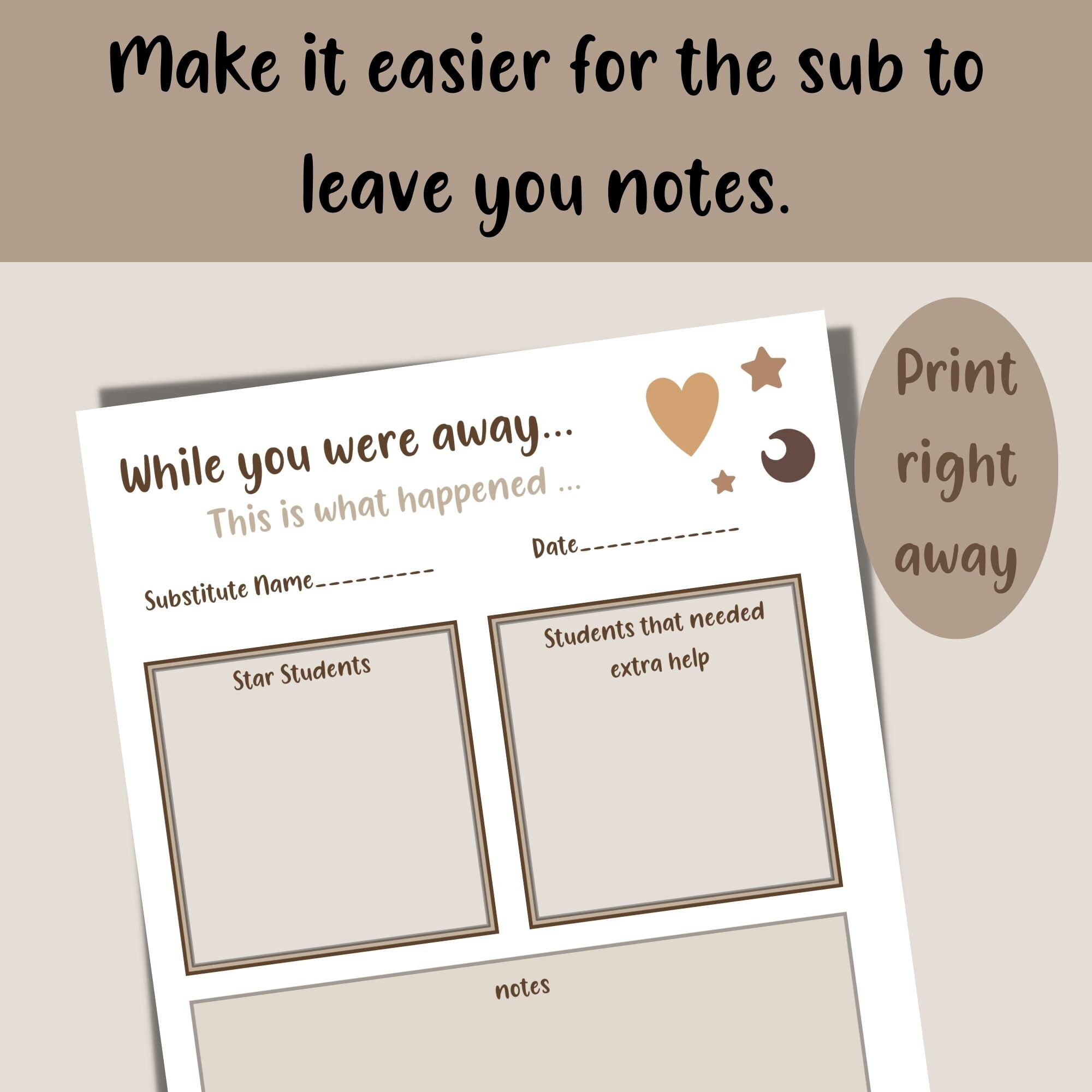Substitute Teacher Notes Template While You Were Away Report for ...
