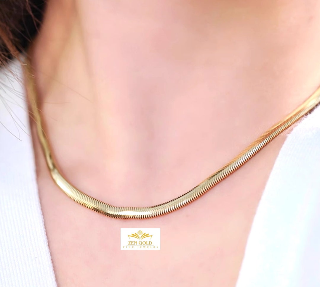 18K Gold Snake Bone Necklace, Gold Snake Chain Necklace, Real Gold ...