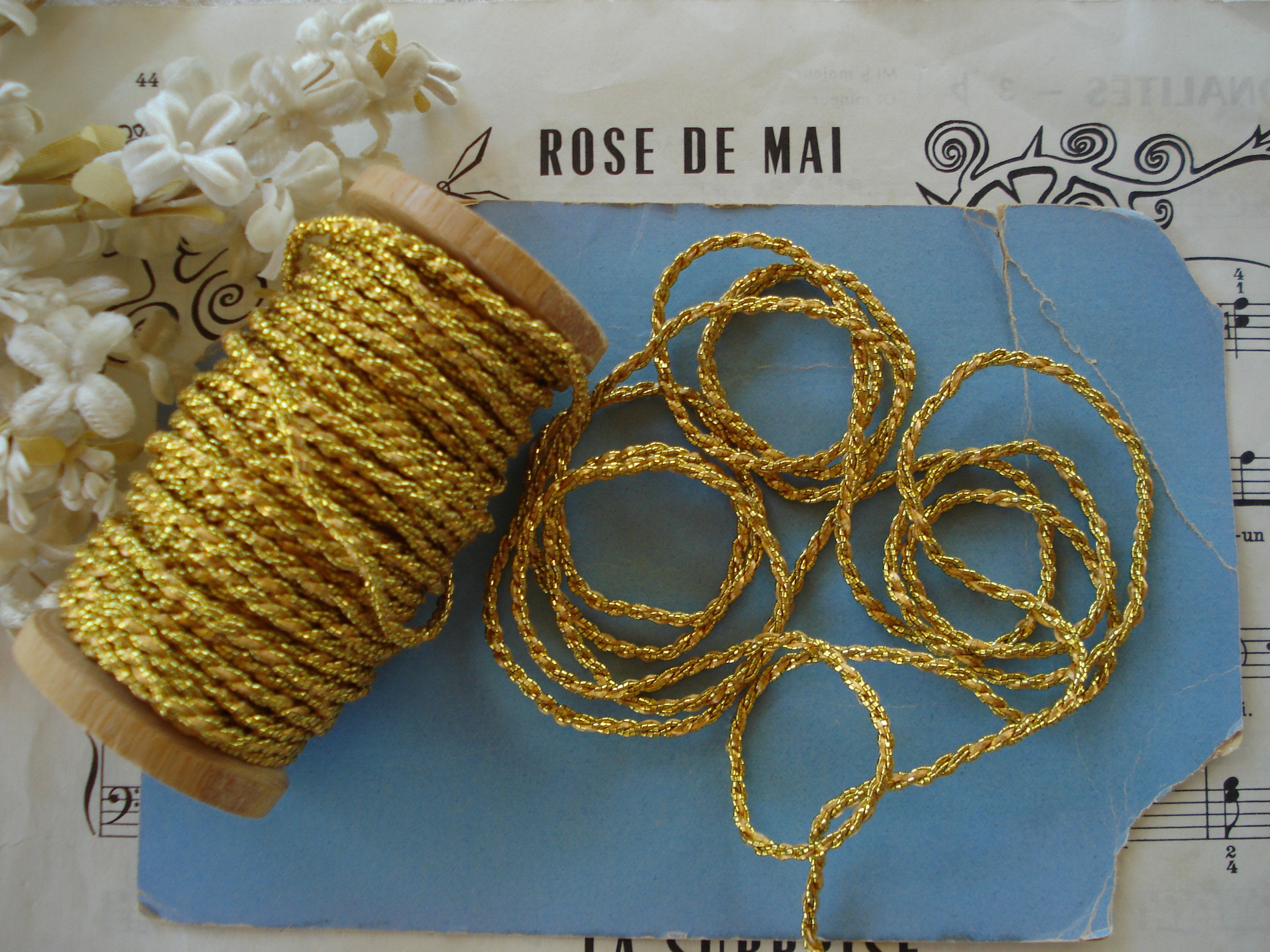 1y Vintage French 1/8" Gold Rope Twist Metallic Round Cord Thread Twine ...