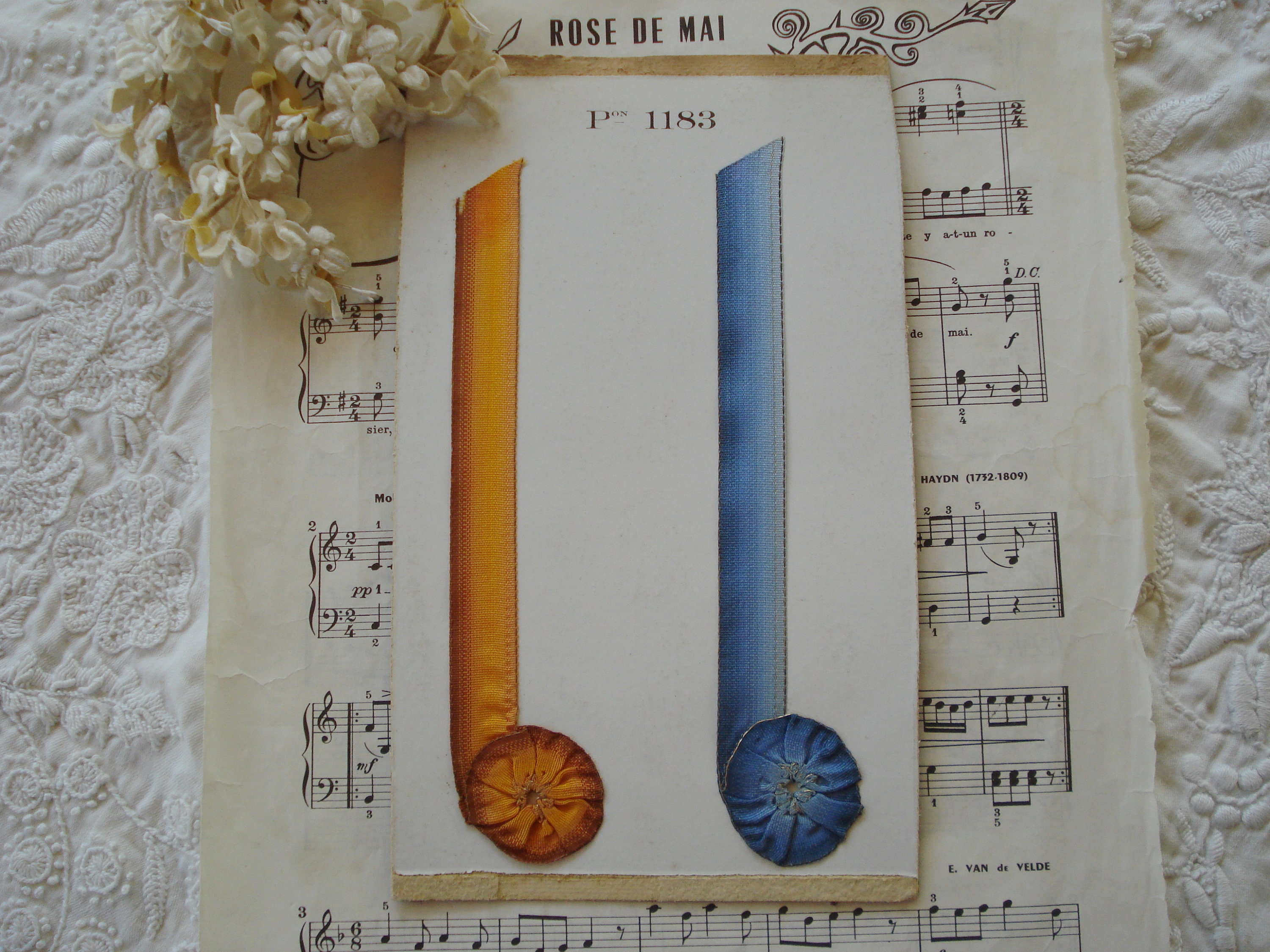 Antique French Salesman Sample Card Marigold Blue Silk Metallic Ribbon ...