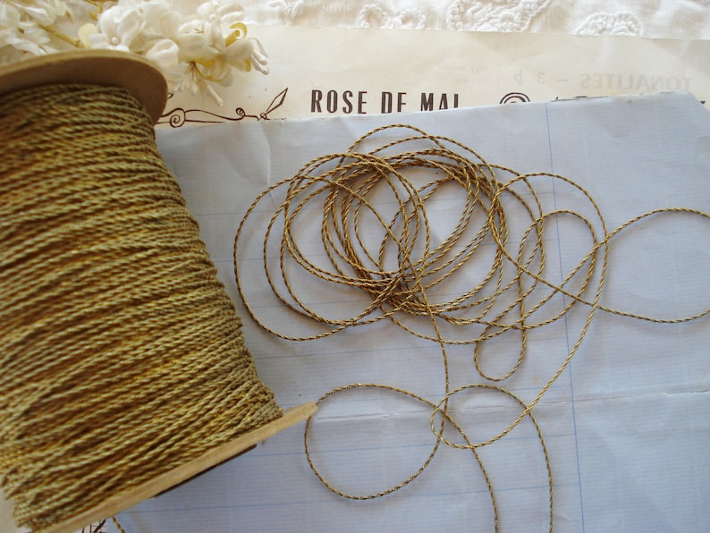 3 Yd Vintage French 2-ply Tiny Antique Gold Bronze Metal Metallic Twist ...