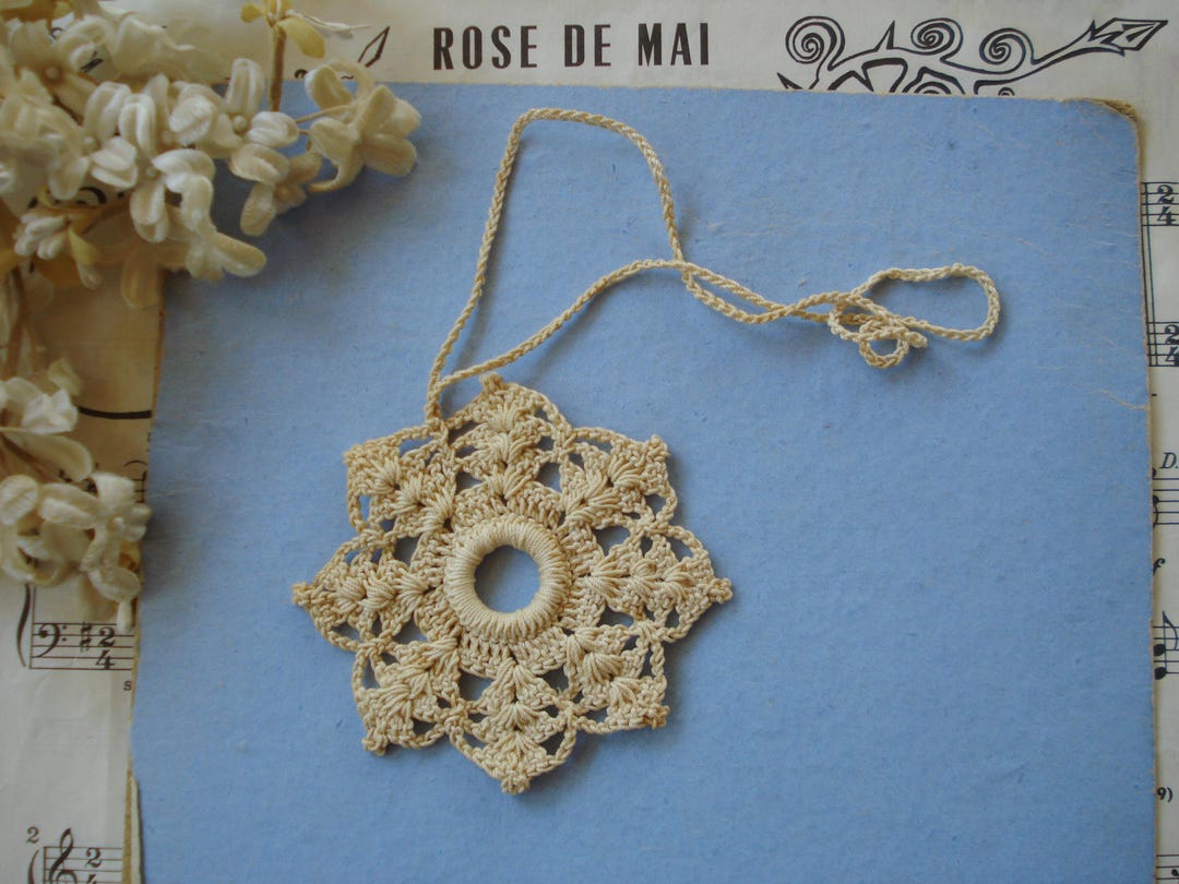 Antique French HM Crocheted Flower Star Floral Bobble Ornament Applique ...