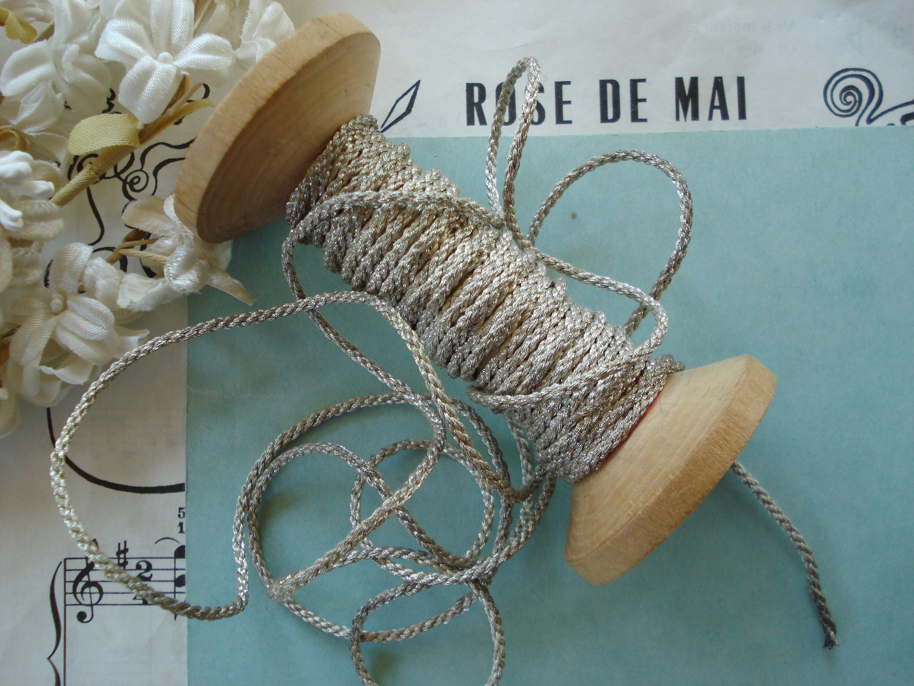 1y 4" Antique French 1/16" Silver Metal Rope 3-ply Tight Twist Metallic ...