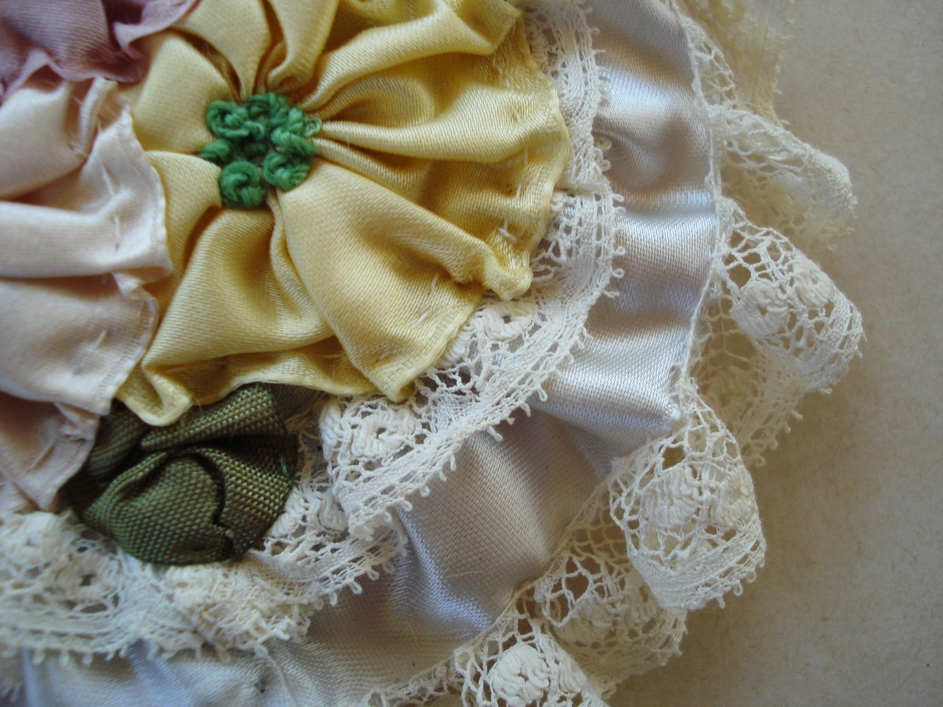 Antique 1930s Ribbonwork Floral Lilac Yellow Peach Flowers Lace Powder ...
