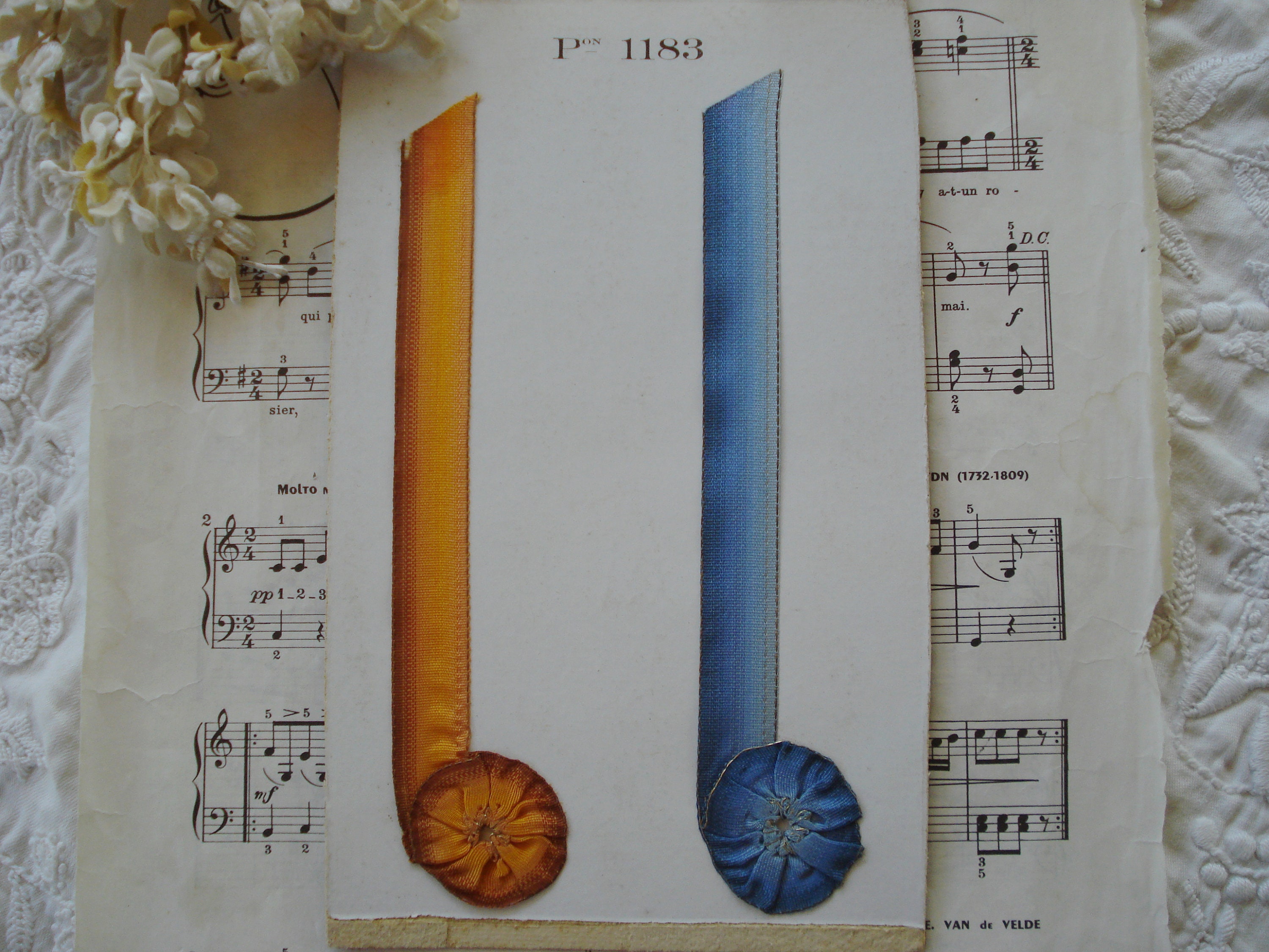 Antique French Salesman Sample Card Marigold Blue Silk Metallic Ribbon ...