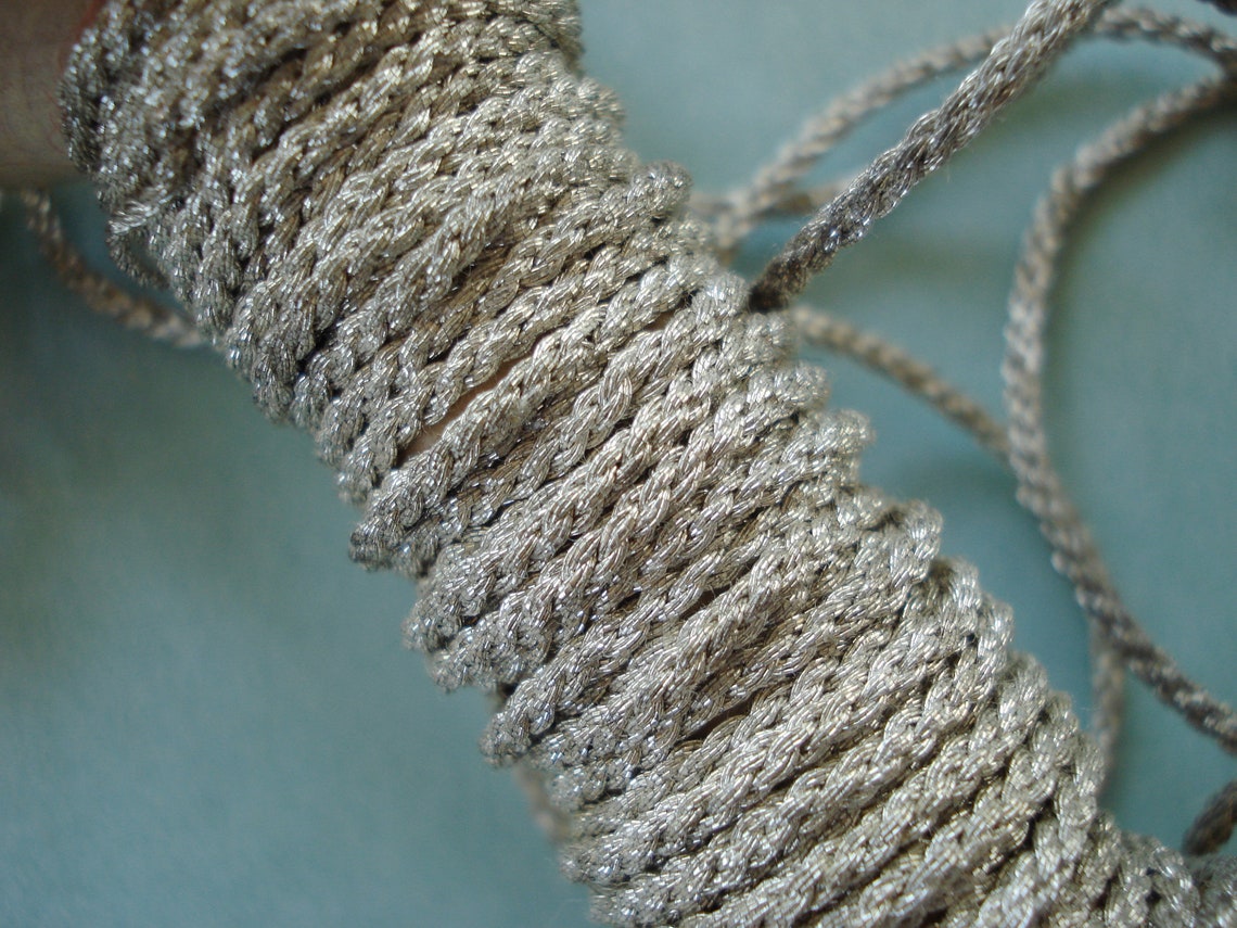 1y 4" Antique French 1/16" Silver Metal Rope 3-ply Tight Twist Metallic ...