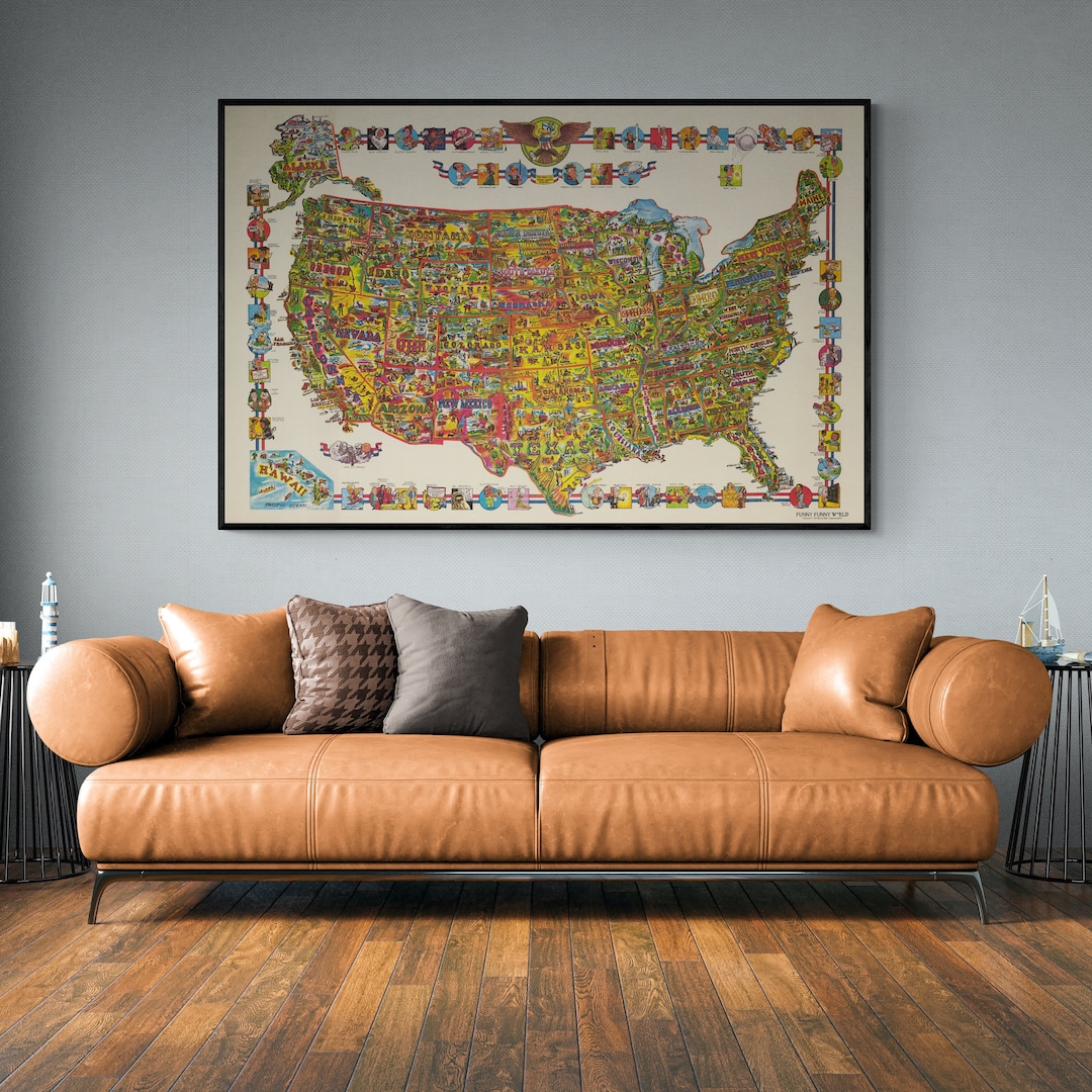 1975 Cartoon Old Map of the United States Reproduction, Large Map, Fine ...