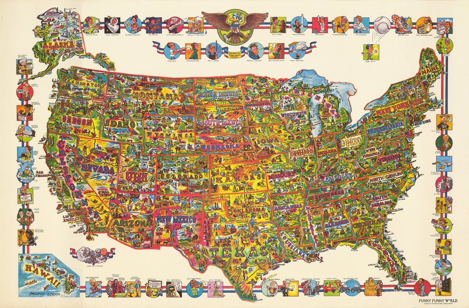 1975 Cartoon Old Map of the United States Reproduction, Large Map, Fine ...