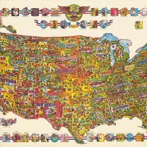 1975 Cartoon Old Map of the United States Reproduction, Large Map, Fine ...