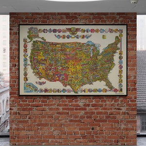 1975 Cartoon Old Map of the United States Reproduction, Large Map, Fine ...