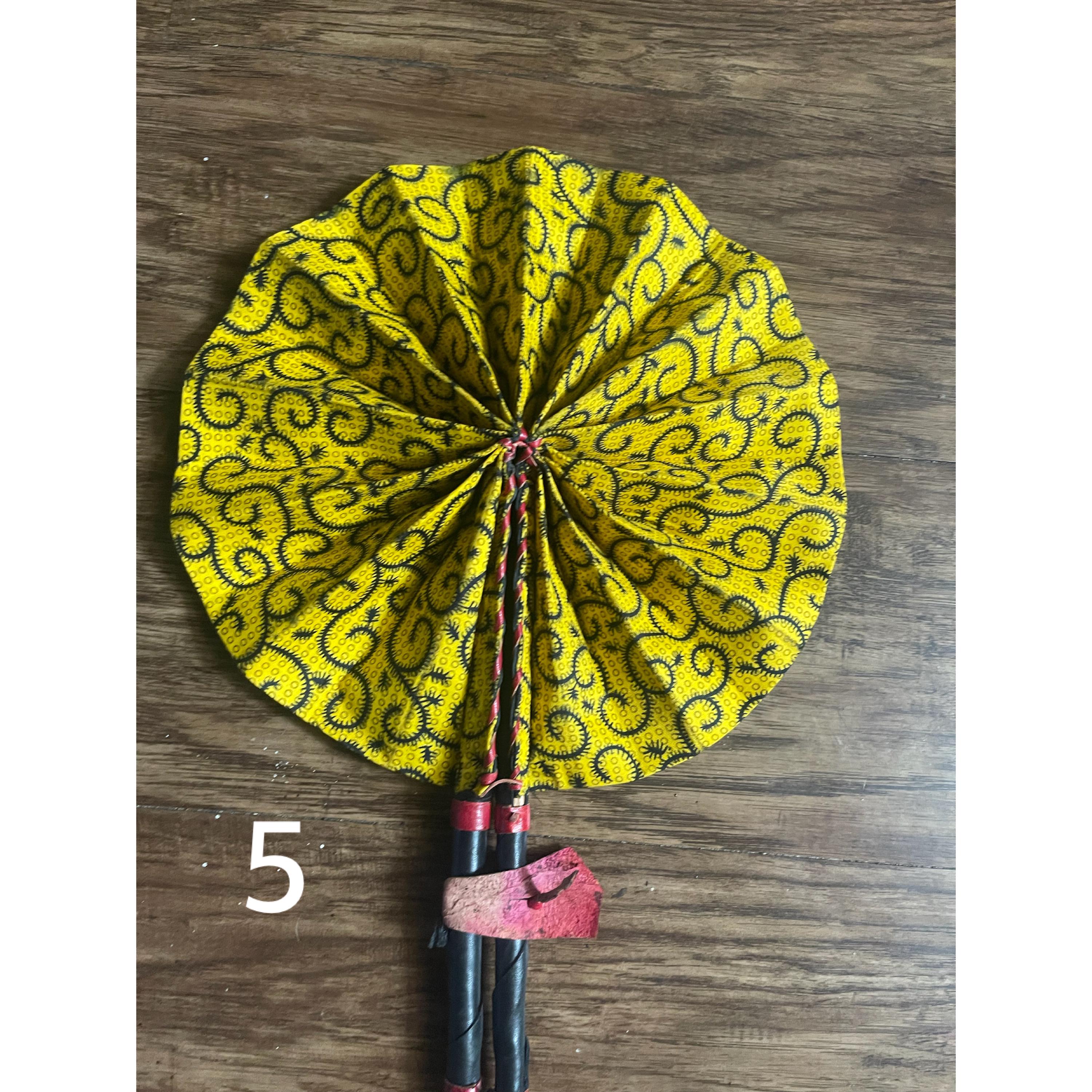 African Fabric Hand Fan With Leather Handle, Decorative Fan Made With ...