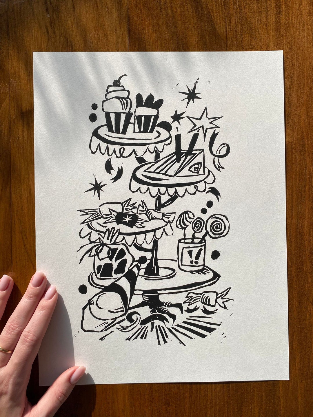 Sweets Tower Lino Print. 9x13 Original Artwork. Birthday Desserts Art ...