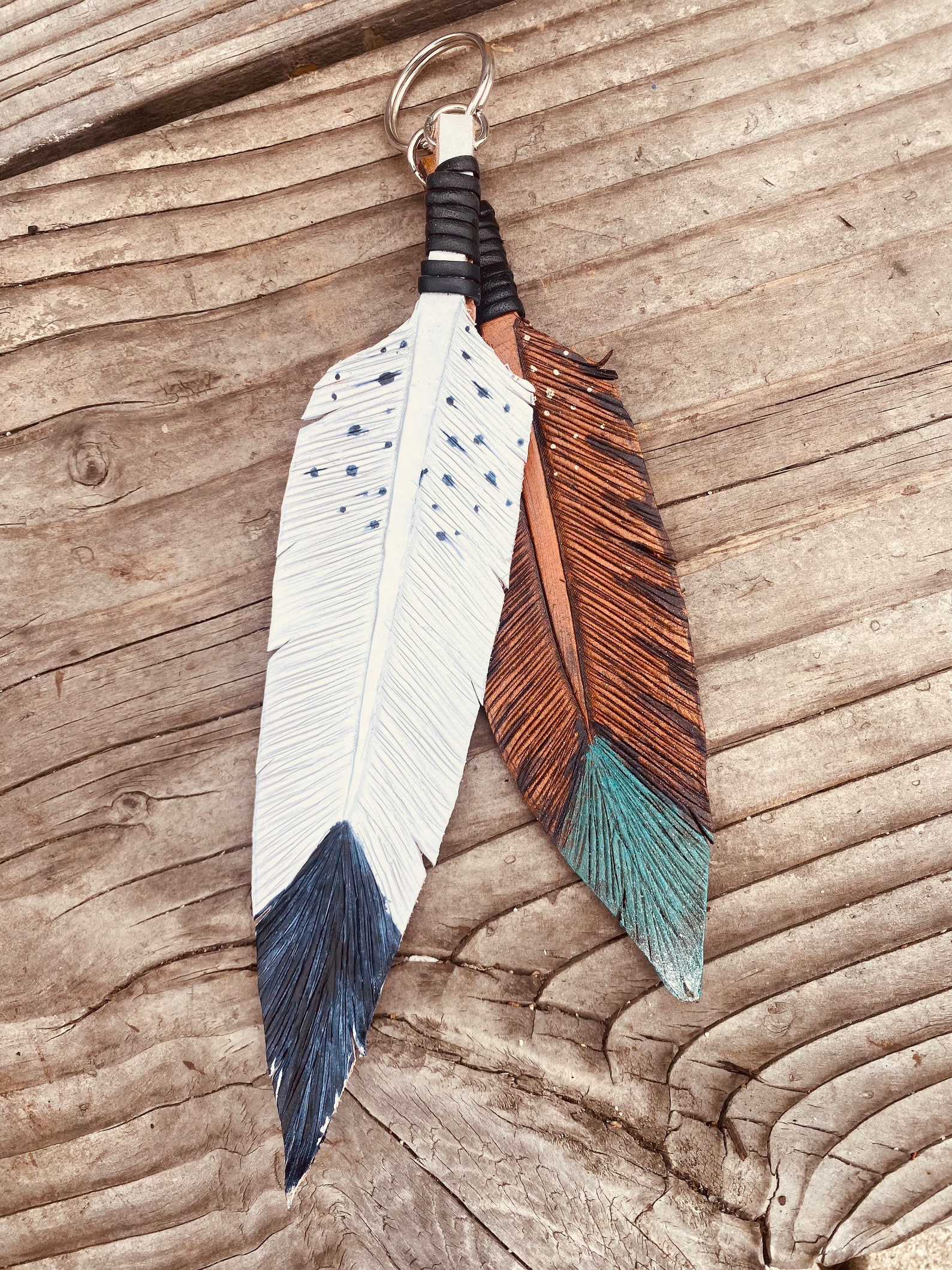 Hand Tooled Leather Feather Keychain - Etsy