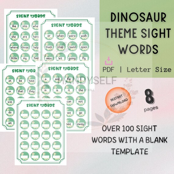 Dinosaur Sight Words Chart for Pre-k and Kindergarten Over - Etsy India