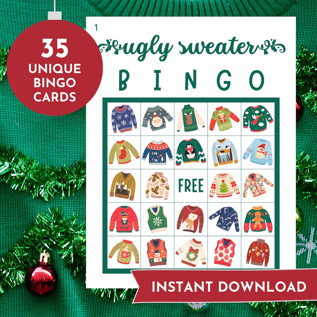 Christmas Ugly Sweater Bingo Printable, 35 Unique Cards, Fun Holiday ...