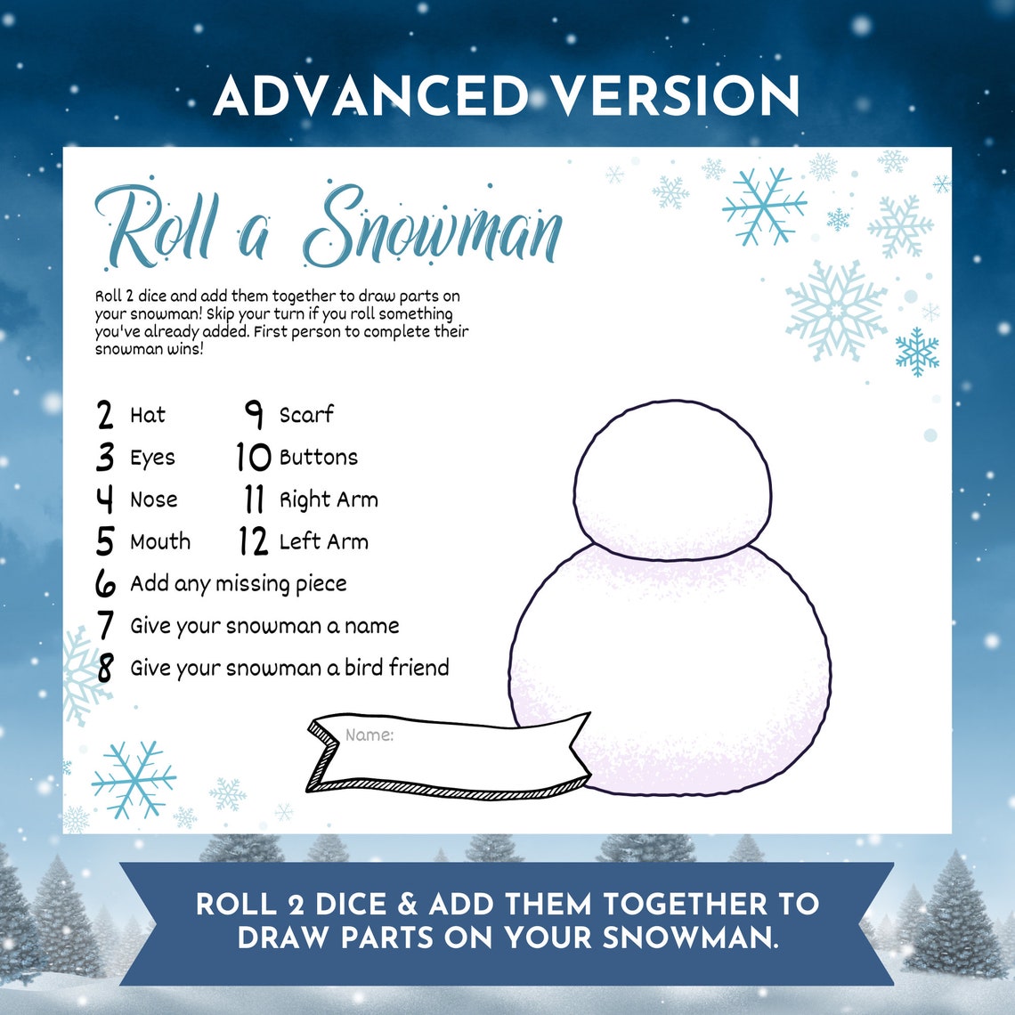 Christmas Roll a Snowman Party Dice Game Printable, Fun Holiday Drawing ...