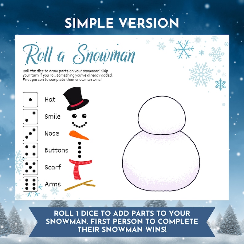 Christmas Roll a Snowman Party Dice Game Printable, Fun Holiday Drawing ...