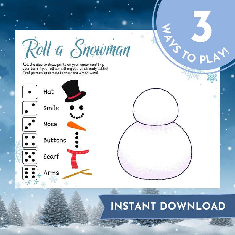 Christmas Roll a Snowman Party Dice Game Printable, Fun Holiday Drawing ...