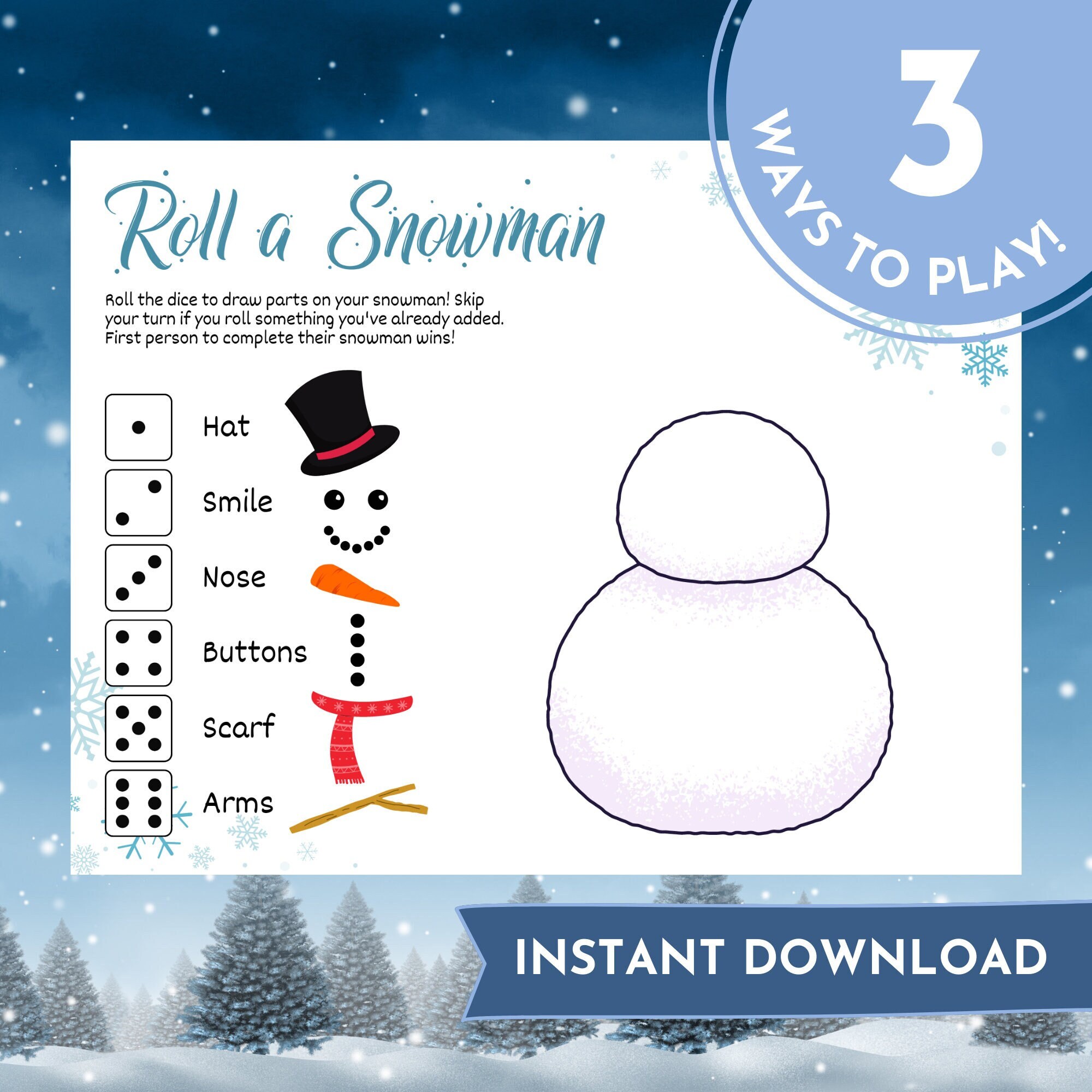 Christmas Roll a Snowman Party Dice Game Printable, Fun Holiday Drawing ...