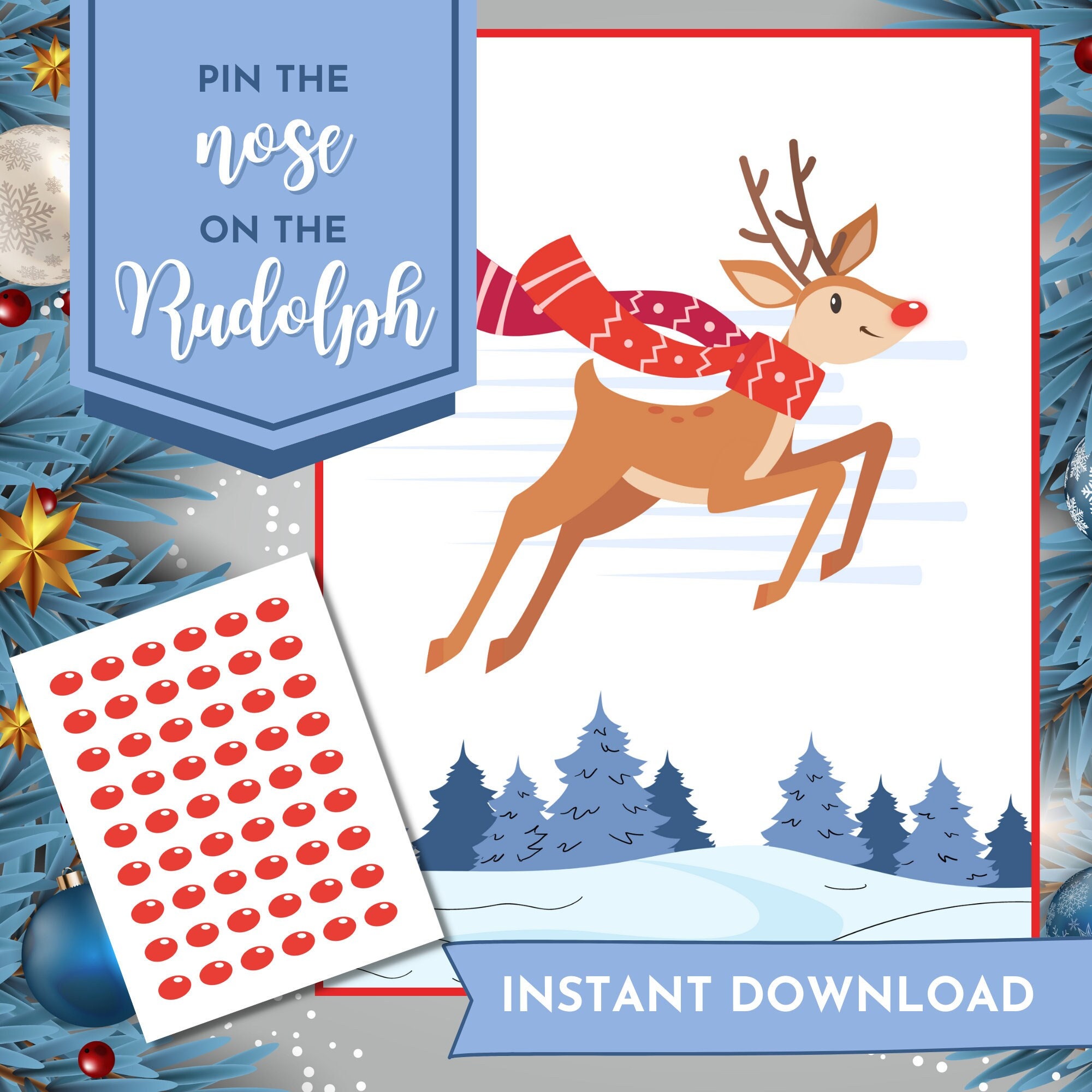 Christmas Pin the Tail Party Game Printable, Pin the Nose on Rudolph ...