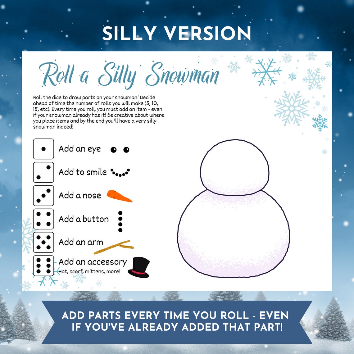 Christmas Roll a Snowman Party Dice Game Printable, Fun Holiday Drawing ...