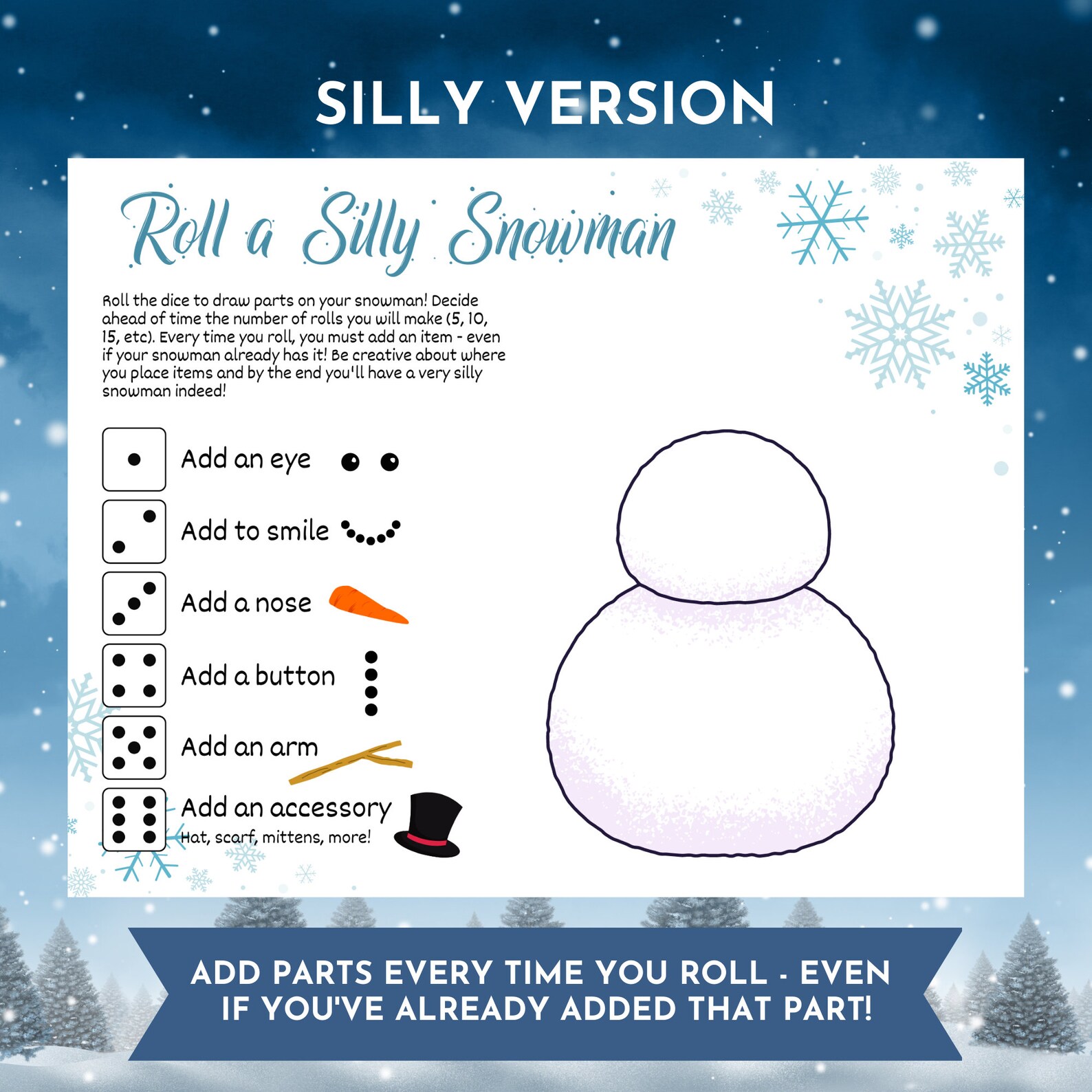 Christmas Roll a Snowman Party Dice Game Printable, Fun Holiday Drawing ...
