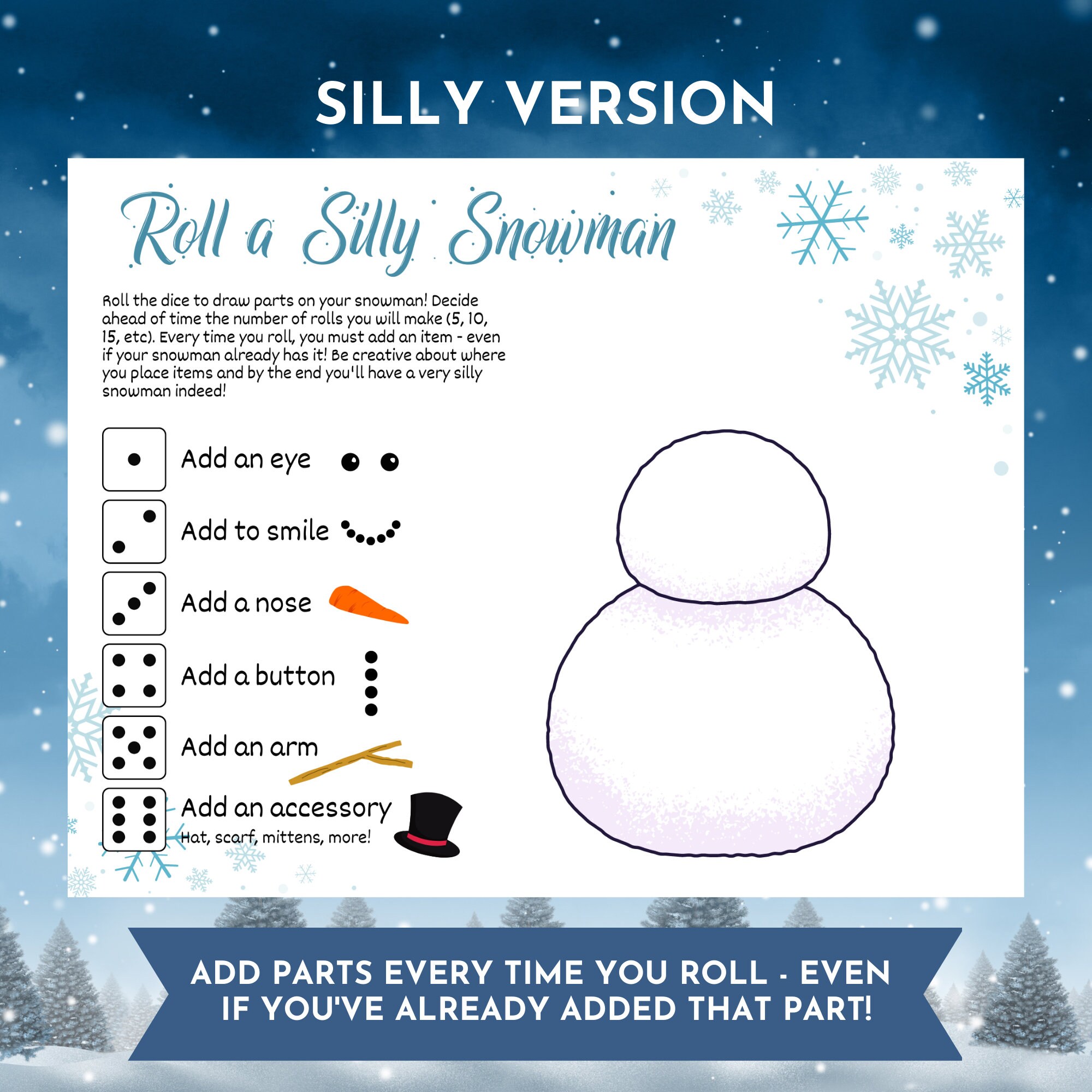 Christmas Roll a Snowman Party Dice Game Printable, Fun Holiday Drawing ...