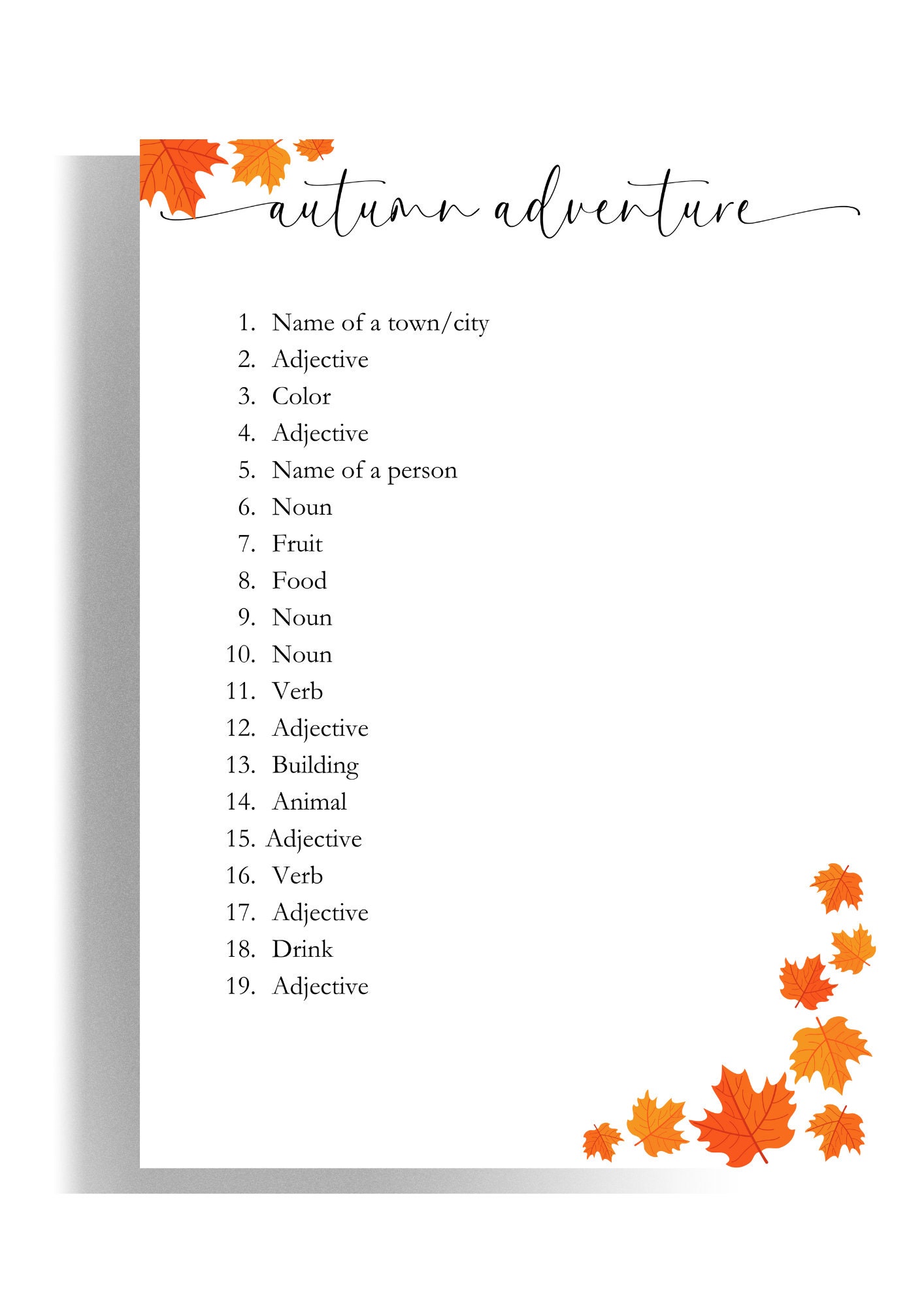 Fall Mad Libs Autumn Mad Libs October Mad Libs November Mad Libs ...