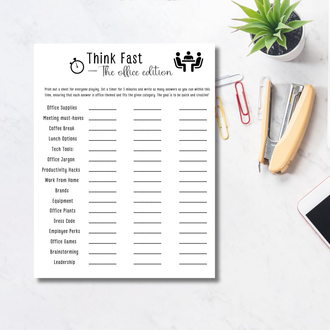 Think Fast Office Game Office Games Work Games Coworker Games Printable ...