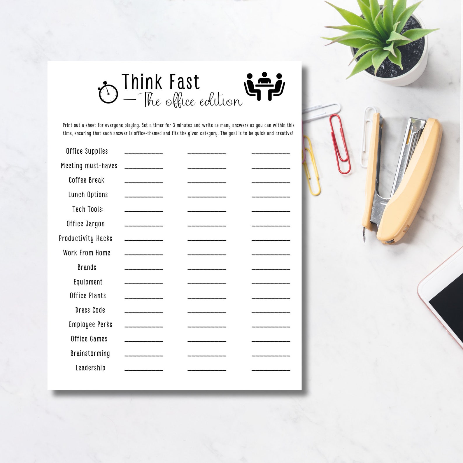 Think Fast Office Game Office Games Work Games Coworker Games Printable ...