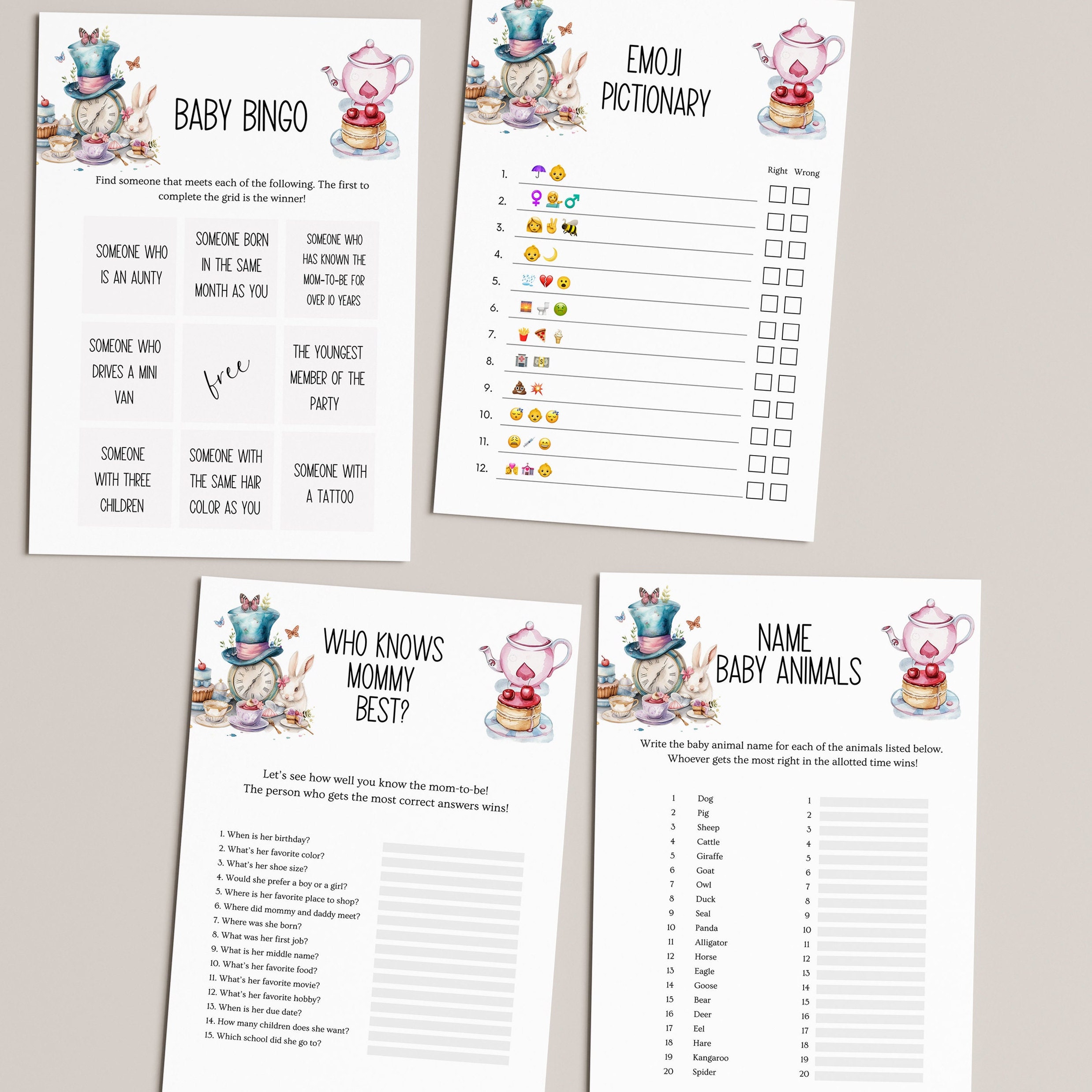 Alice in Wonderland Baby Shower Games Alice Baby Shower Games Bundle ...