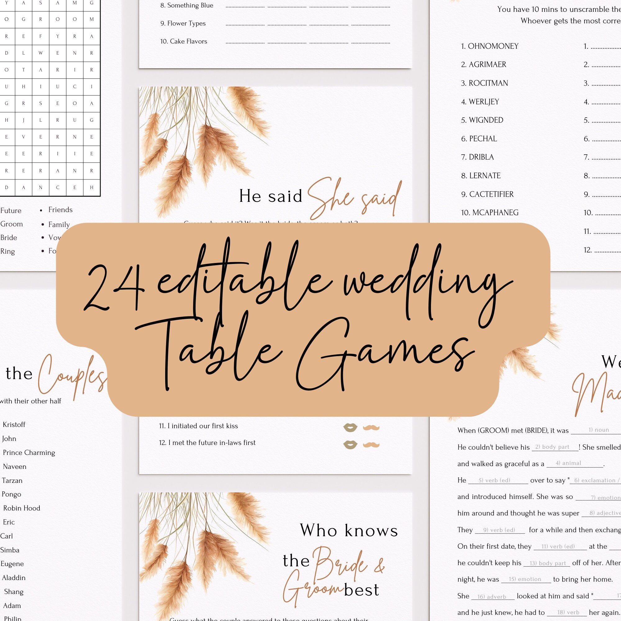 Pampas Wedding Table Games Pampas Grass Editable Printable Wedding ...