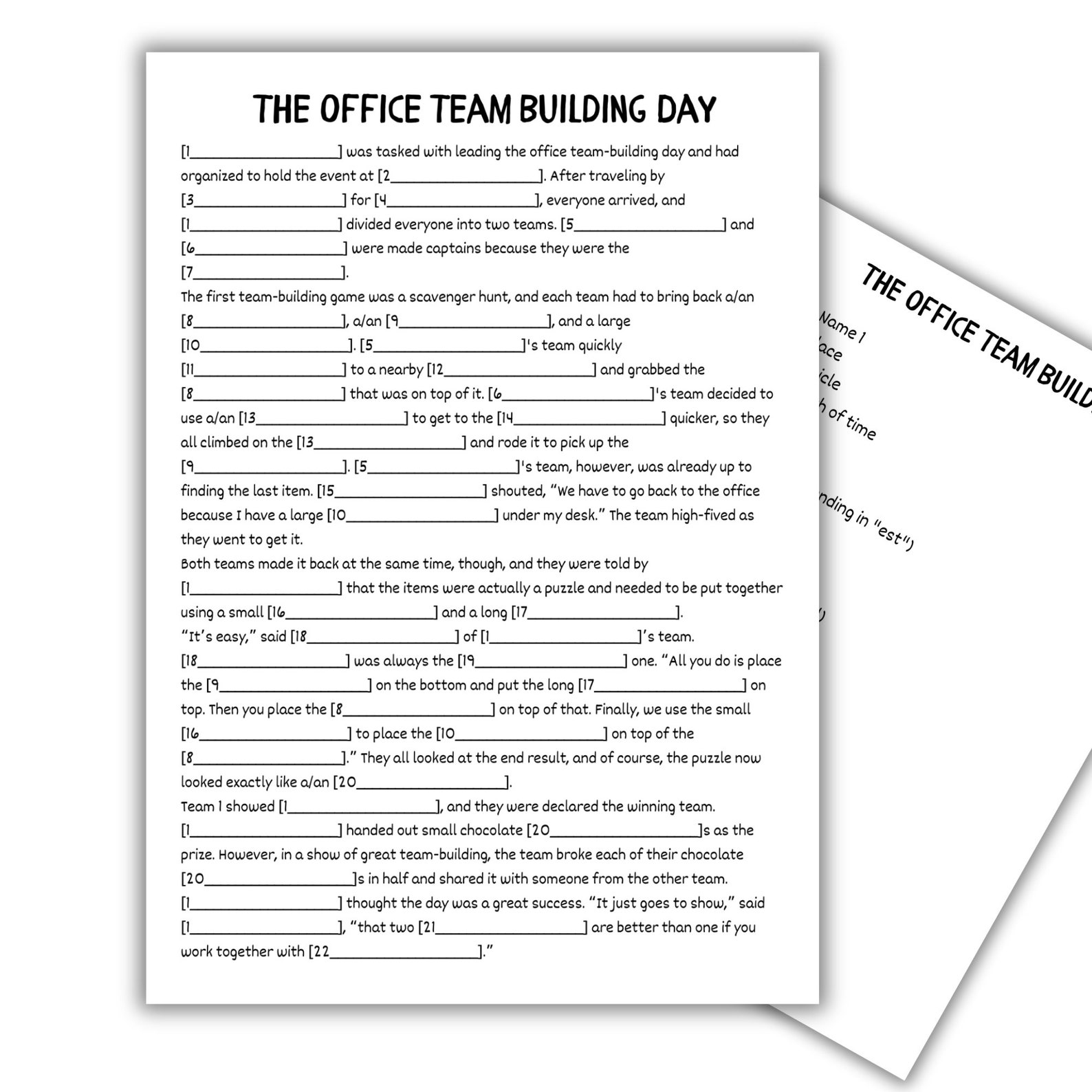 Team Building Games #3 Printable Office Mad Libs Fill in the Blanks ...