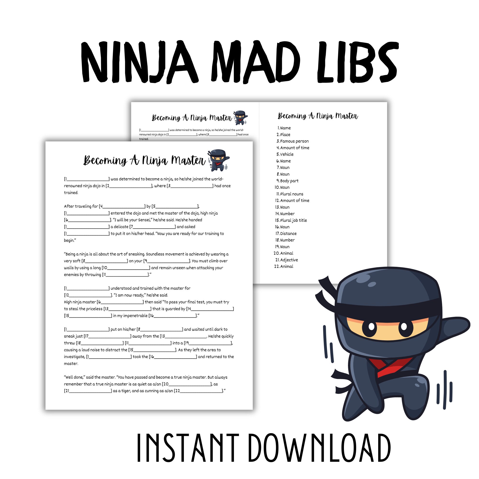 Ninja Mad Libs Kids Mad Libs Games for Kids Printable Party Games Fill ...