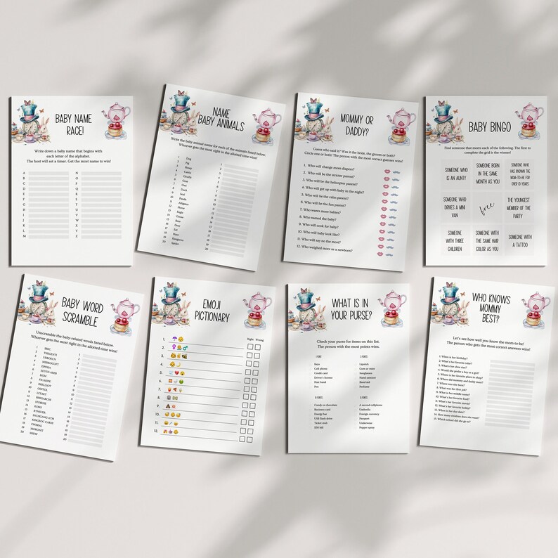 Alice in Wonderland Baby Shower Games Alice Baby Shower Games Bundle ...