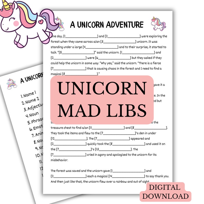Unicorn Mad Libs Printable Family Game Fun Family Holiday Game Activity ...