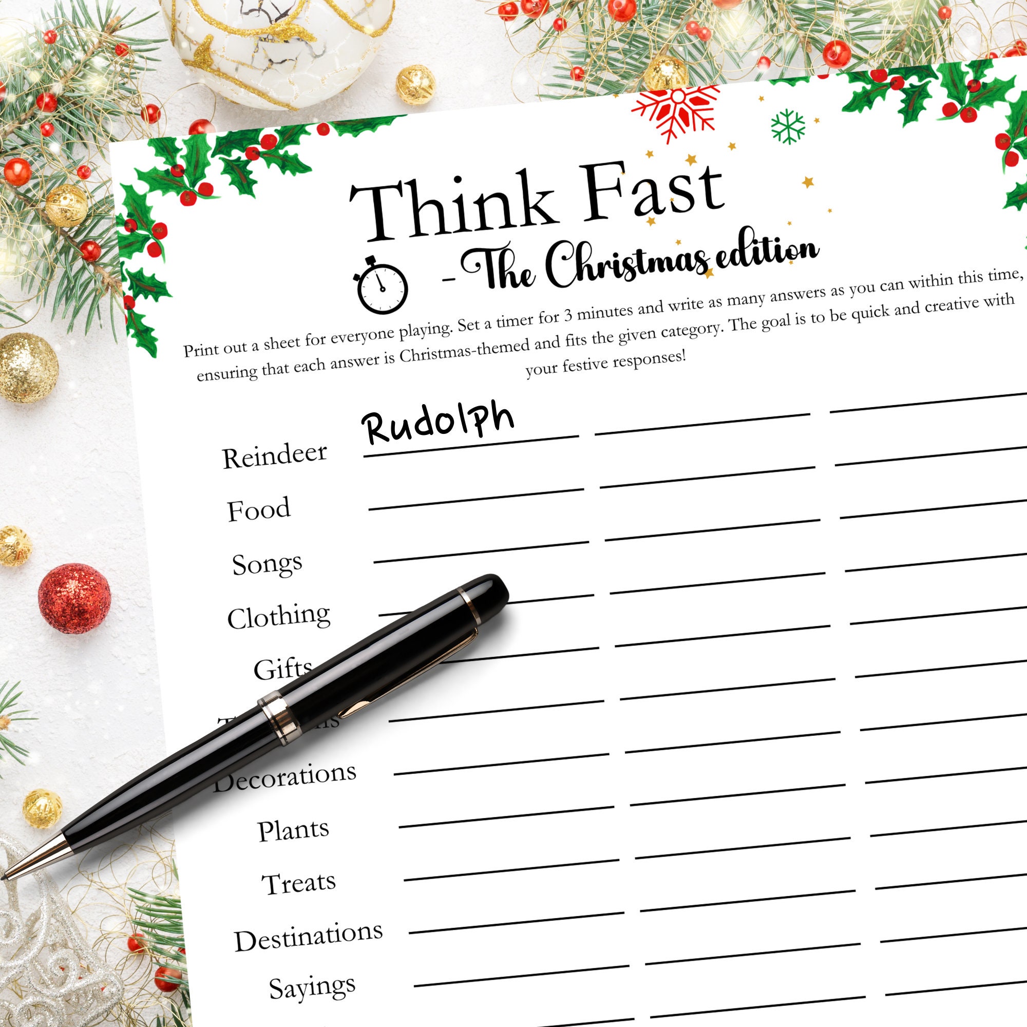 Think Fast Christmas Game Think Fast Game Printable Christmas Game ...