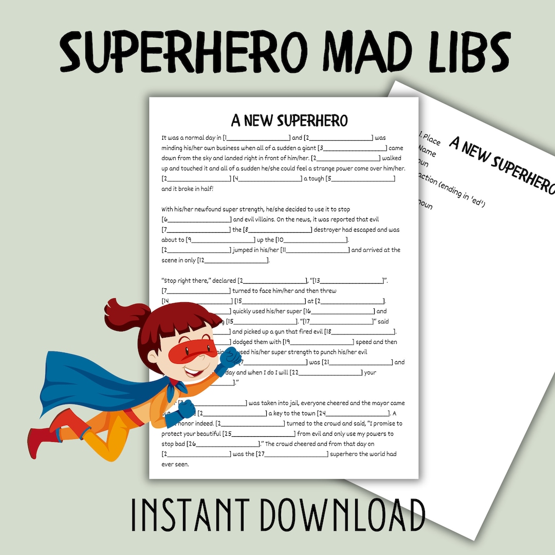 Superhero Mad Libs Printable Funny Mad Libs for Kids and Adults Fun ...
