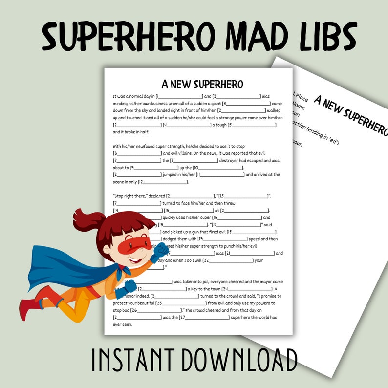 Superhero Mad Libs Printable Funny Mad Libs for Kids and Adults Fun ...