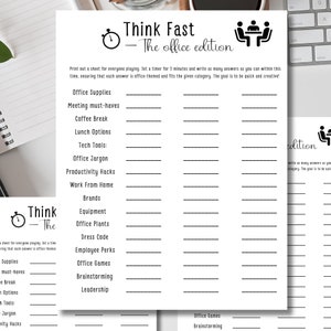 Think Fast Office Game Office Games Work Games Coworker Games Printable ...