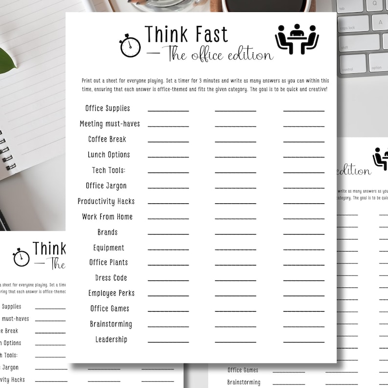 Think Fast Office Game Office Games Work Games Coworker Games Printable ...