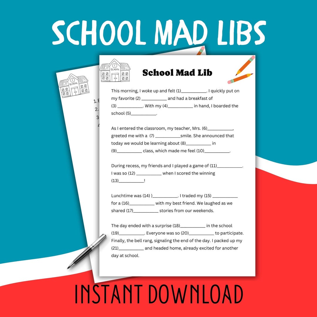 School Mad Libs Style Story Game – Printable School Fill-in-the-blanks ...