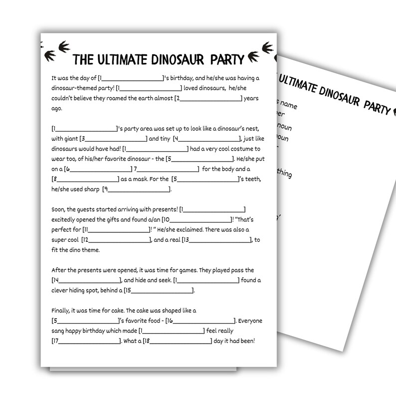 Dinosaur Mad Libs Printable Kids Birthday Party Game Fun Party Game for ...