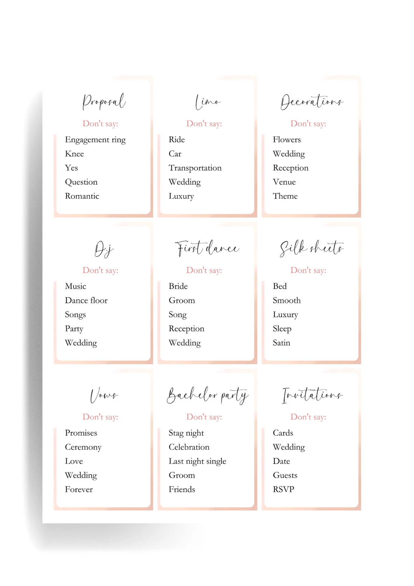 Bridal Shower Taboo Hen Party Taboo Banned Words Bridal Dont Say Wedding Taboo Game Bridal Taboo ...