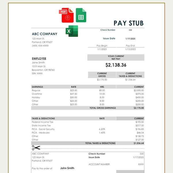 Paystub Template Editable - Etsy