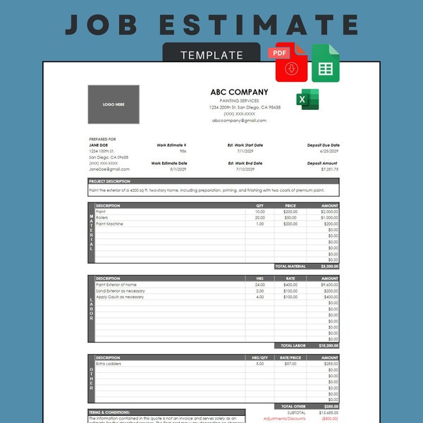 Job Estimate Template - Etsy