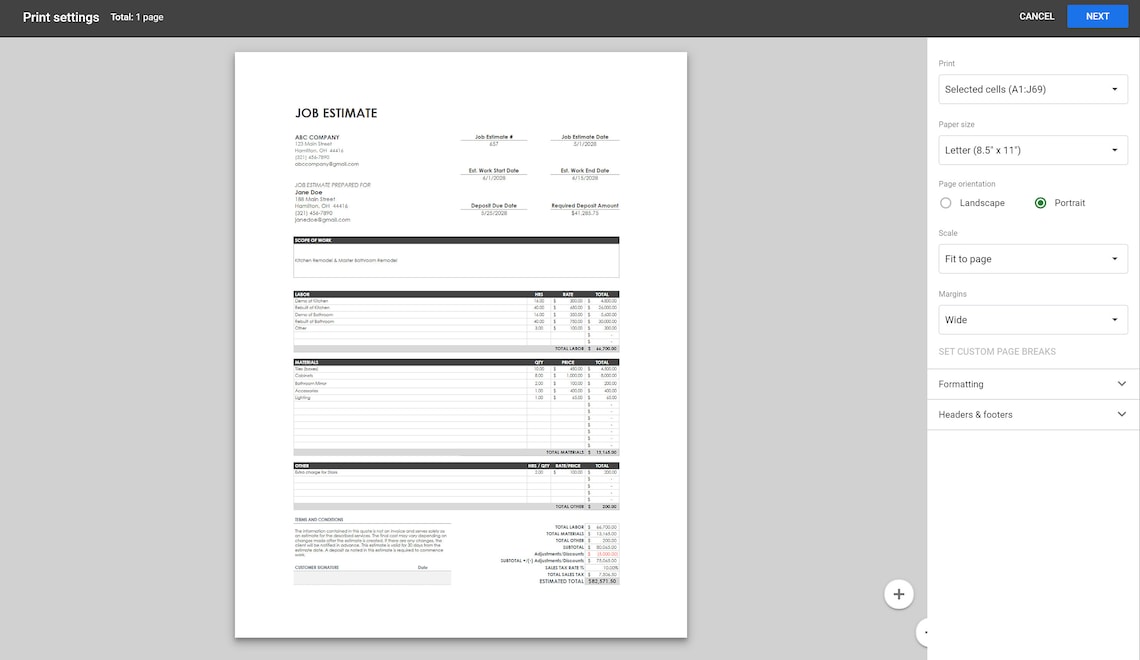 Job Estimate Template, Bid Template, Construction Proposal, Scope of ...
